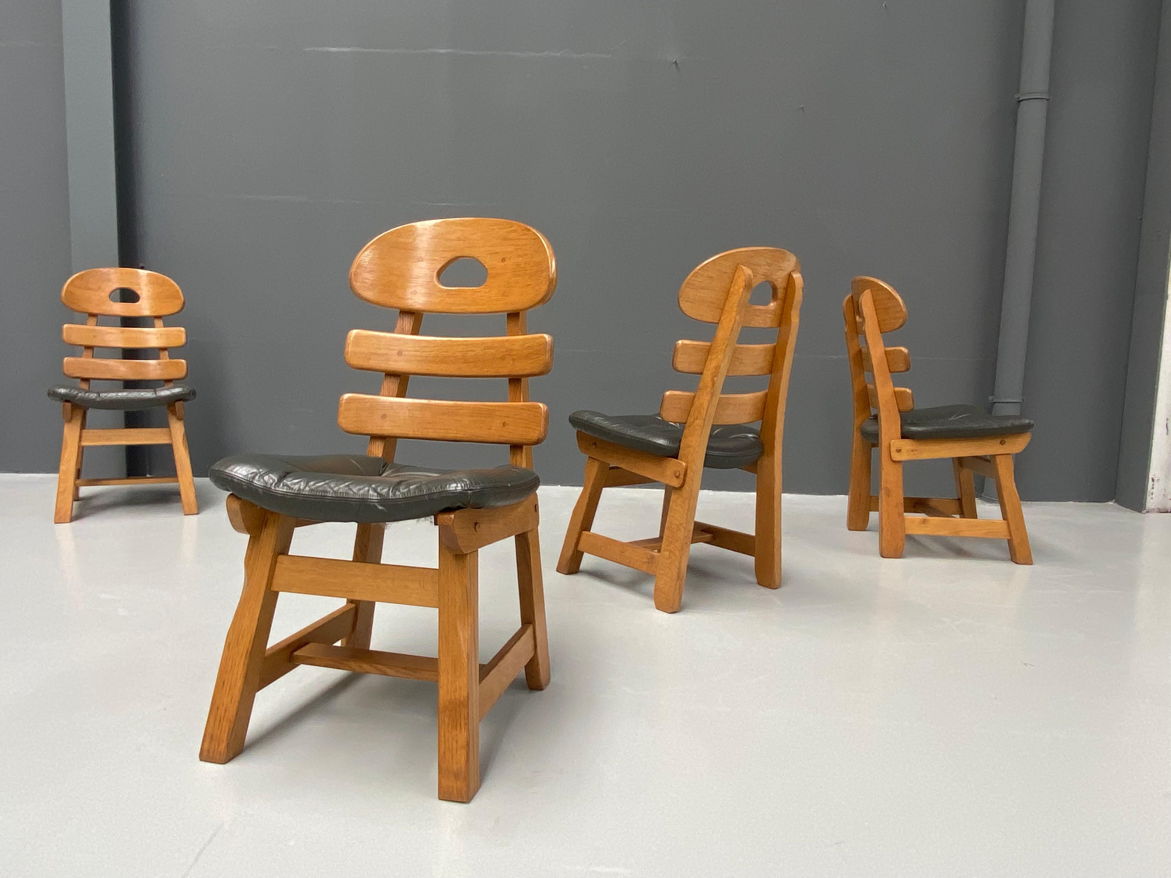 Vintage French Oak and Leather Brutalist Fishbone Chairs, 1970s at 1stDibs