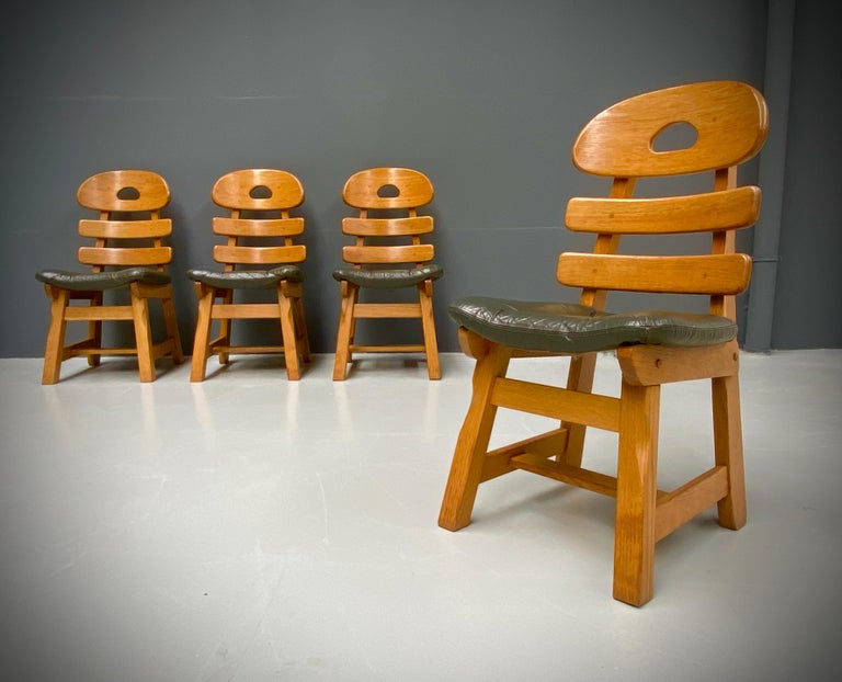 Vintage French Oak and Leather Brutalist Fishbone Chairs, 1970s For ...