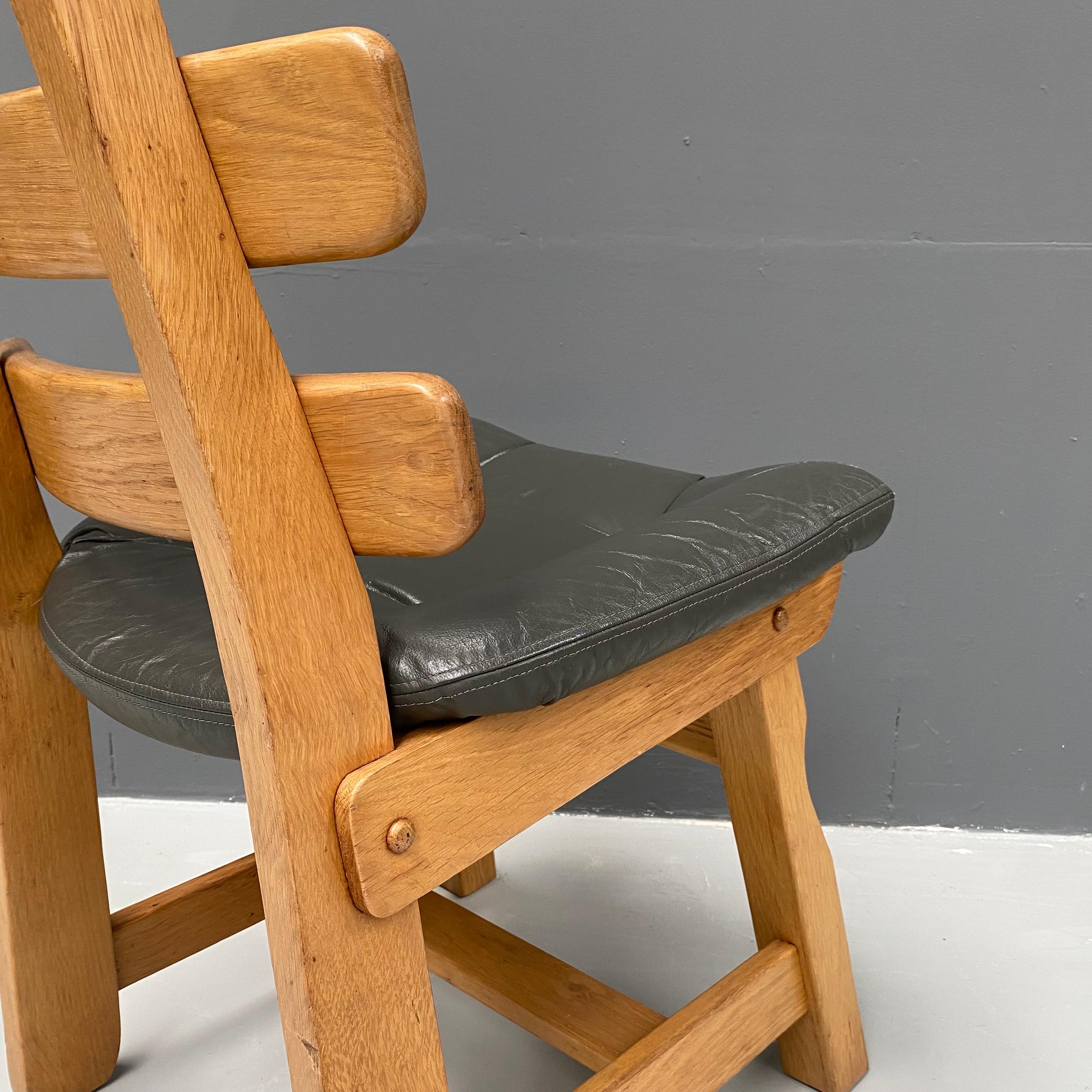 Vintage French Oak and Leather Brutalist Fishbone Chairs, 1970s at 1stDibs