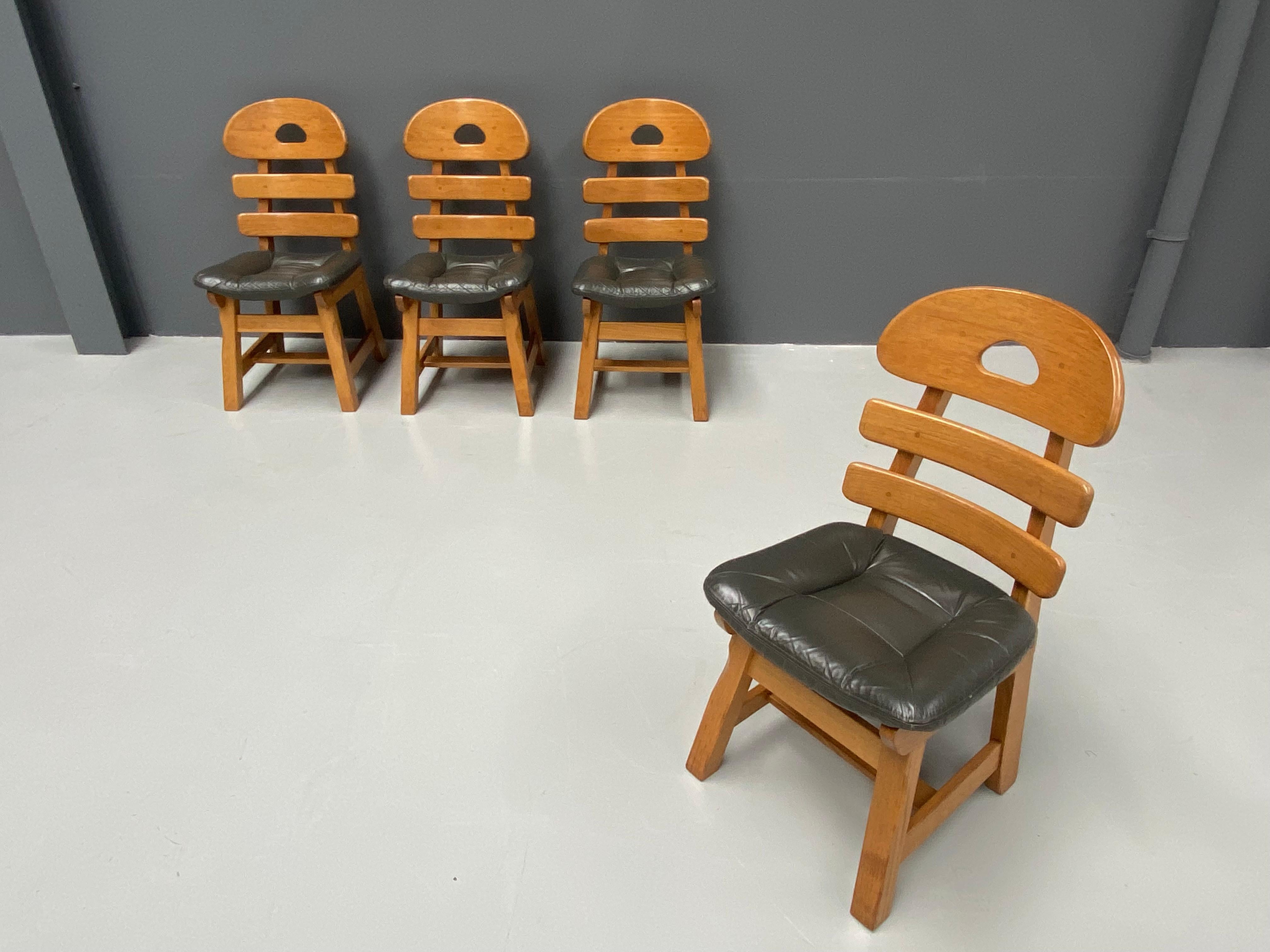 Vintage French Oak and Leather Brutalist Fishbone Chairs, 1970s at 1stDibs