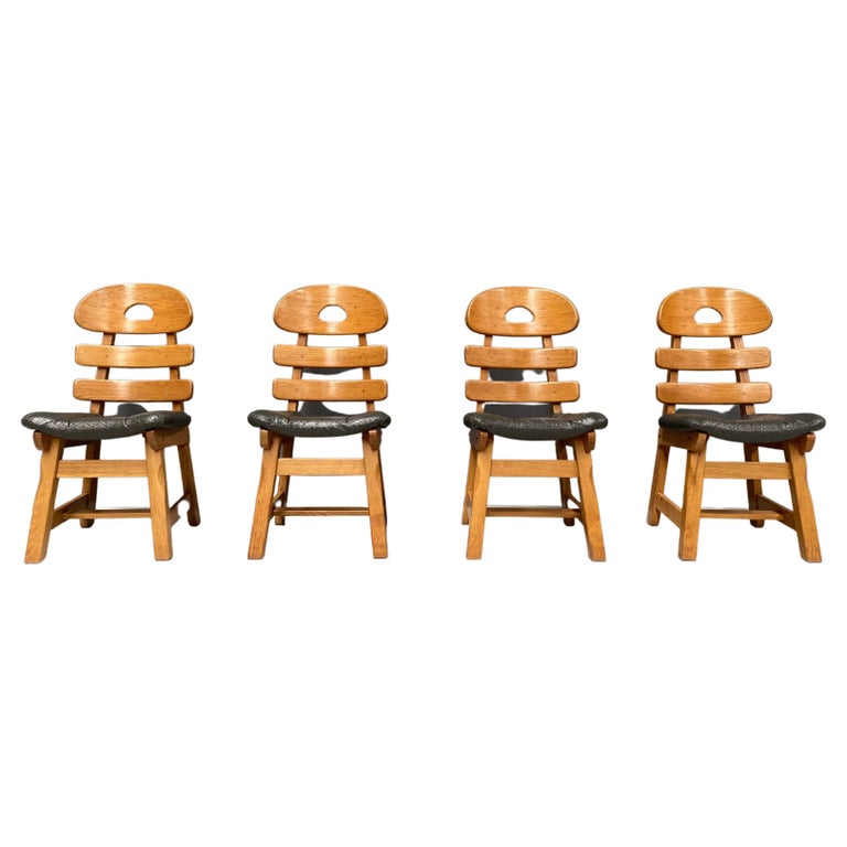 Vintage French Oak and Leather Brutalist Fishbone Chairs, 1970s. For ...