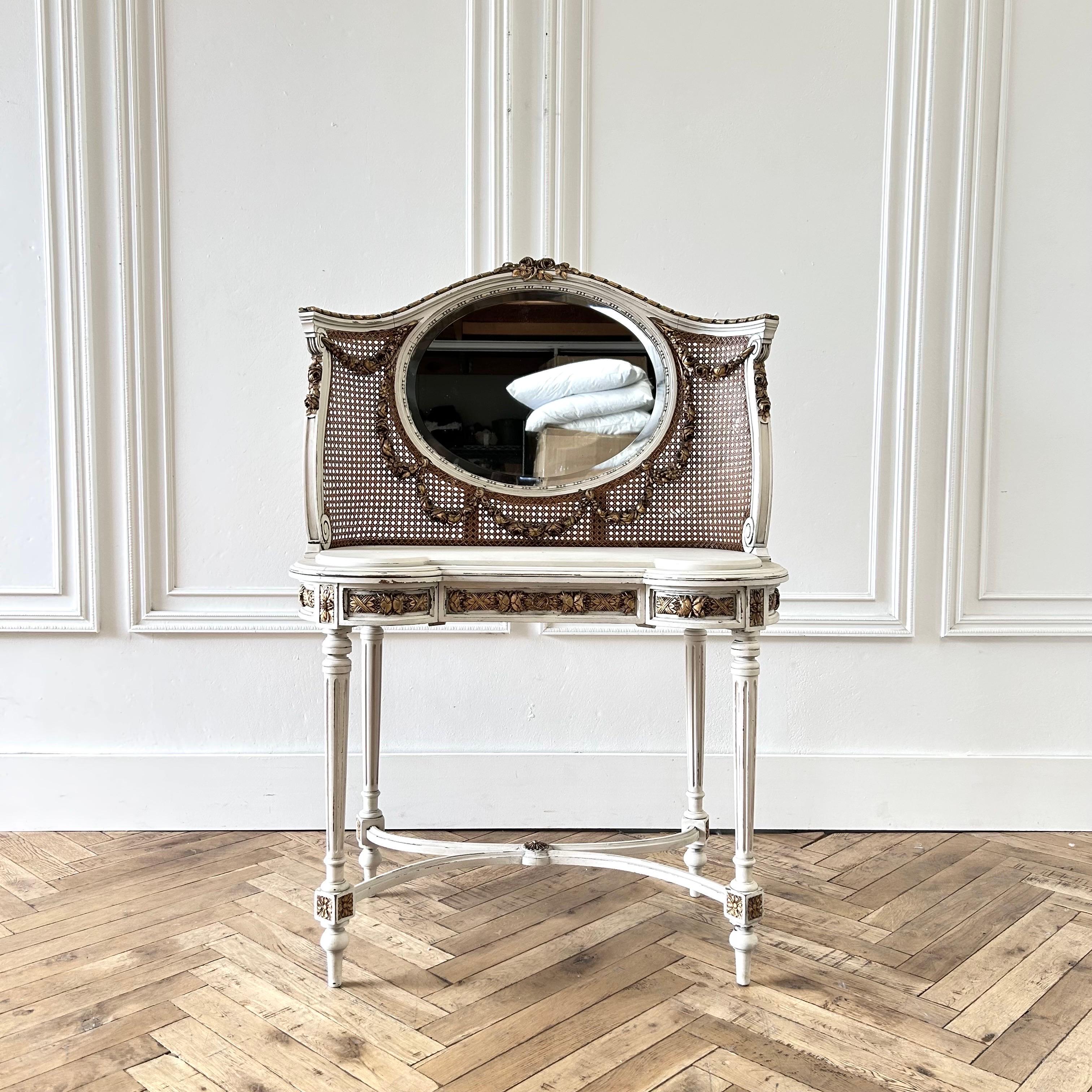 Vintage French Painted Roses Swag and Cane Vanity at 1stDibs