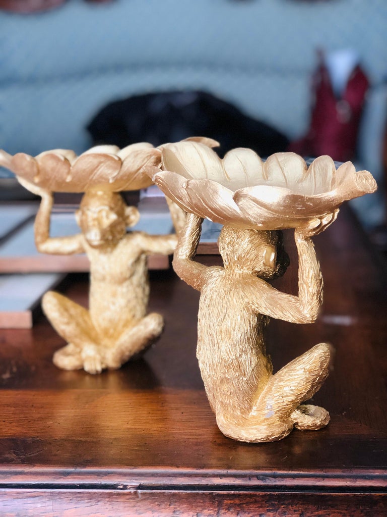 Vintage French Pair of Gold Painted Monkeys with Leaves Vide Poche or ...