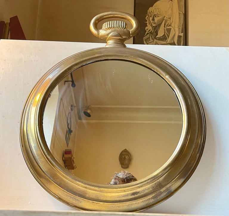 Vintage French Pocket Watch Wall Mirror in Brass, 1950s For Sale at 1stDibs