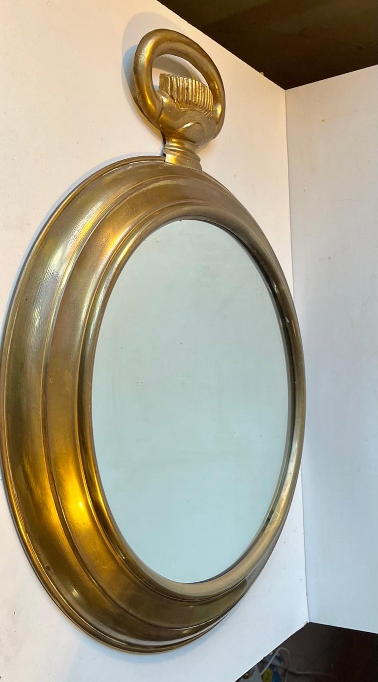 Vintage French Pocket Watch Wall Mirror in Brass, 1950s For Sale at 1stDibs
