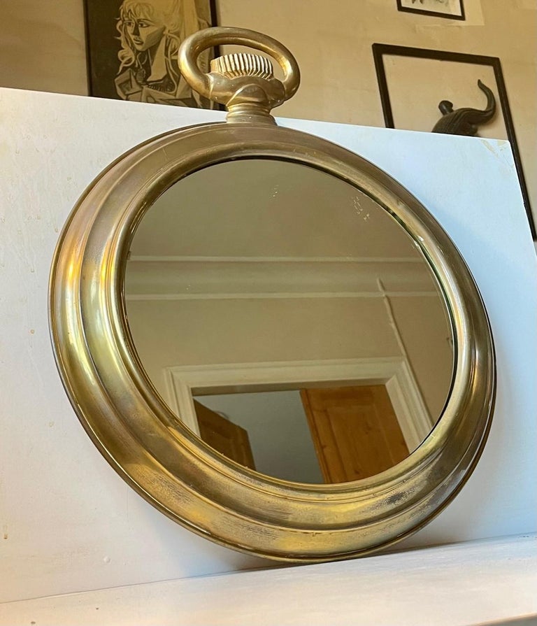 Vintage French Pocket Watch Wall Mirror in Brass, 1950s For Sale at 1stDibs