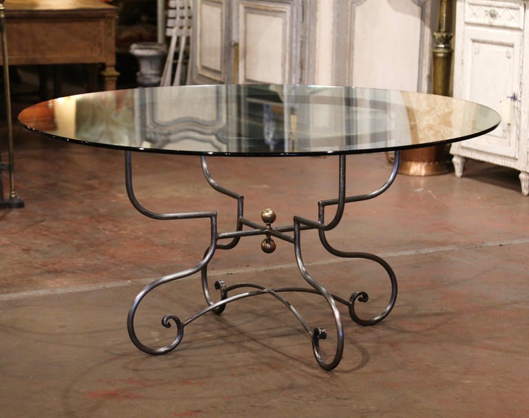 Vintage French Polished Wrought Iron Dining Table Base with Round Glass ...