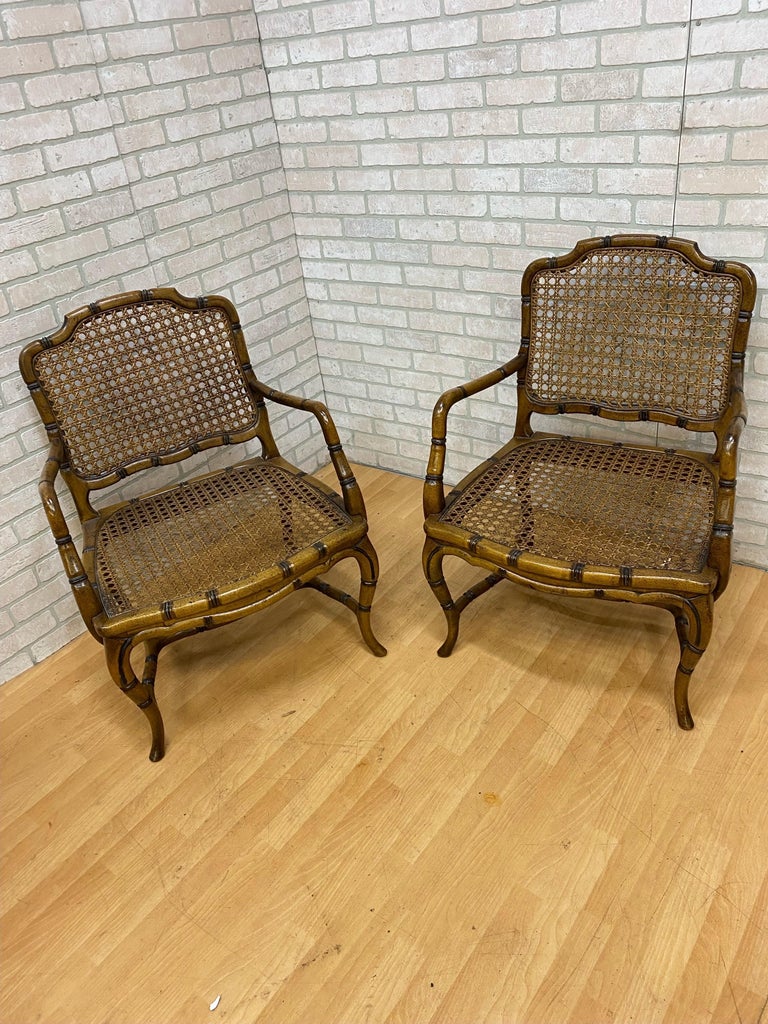 Vintage French Provincial Country Cane Faux Bamboo Wood Armchair - Pair ...