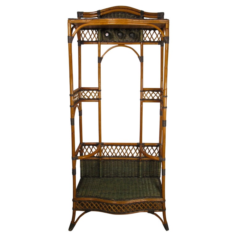 Vintage French Rattan Coat Hat Rack Hall Stand with Shelves For Sale at ...