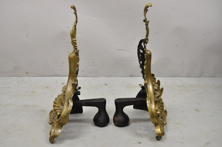 Vintage French Rococo Style Bronze Acanthus Leafy Scroll Andirons, Pair ...