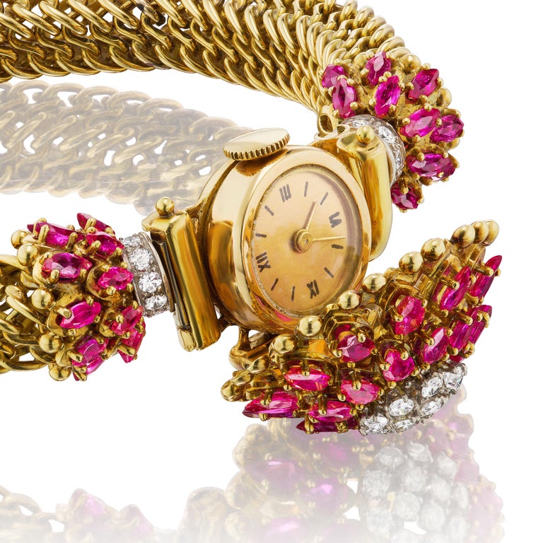 Vintage French Ruby and Diamond Covered Watch Bracelet 18K Gold and ...