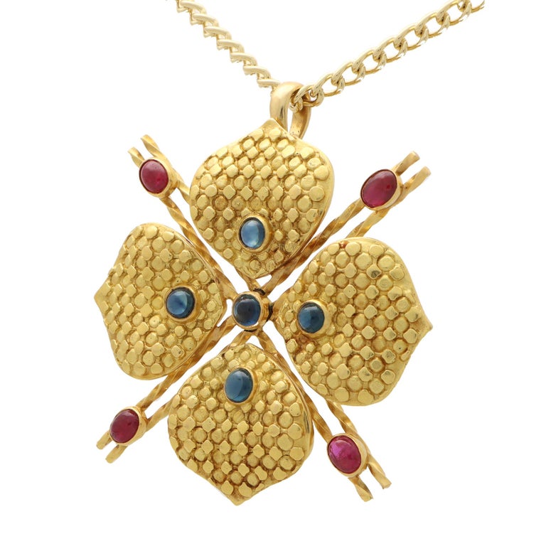 Vintage French Ruby and Sapphire Clover Pendant Set in 18k Yellow Gold ...