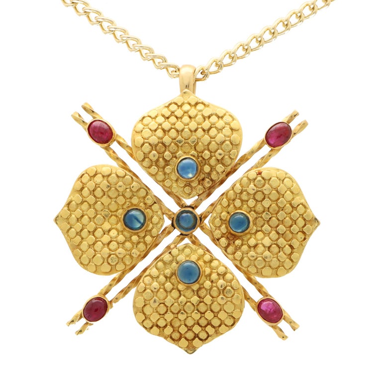 Vintage French Ruby and Sapphire Clover Pendant Set in 18k Yellow Gold ...