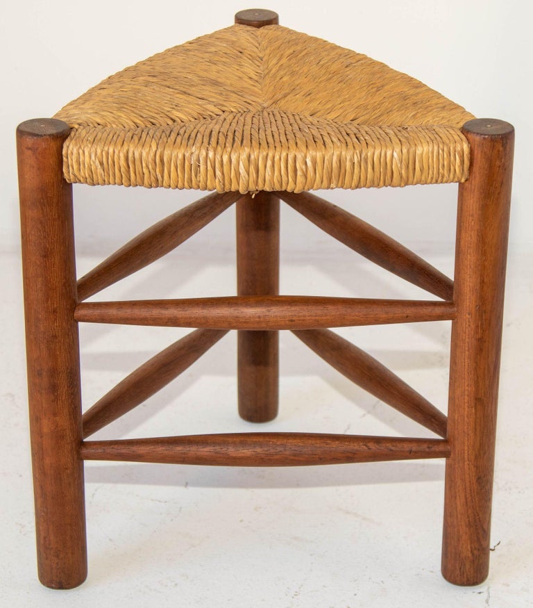 Vintage French Rush Woven Tripod Wooden Stool 1950 Charlotte Perriand ...
