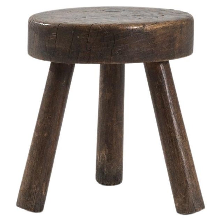 Vintage French Rustic Tripod Oak Stool For Sale at 1stDibs