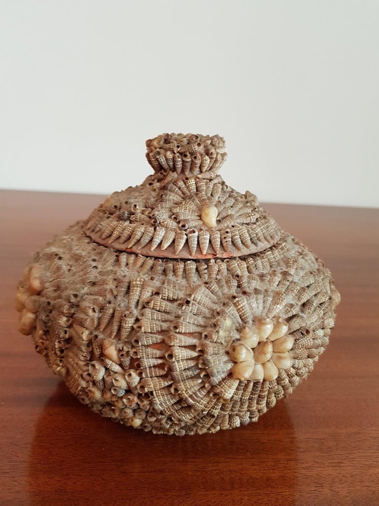 Vintage French Shabby Chic Pot with Lid Encrusted with Shells at 1stDibs