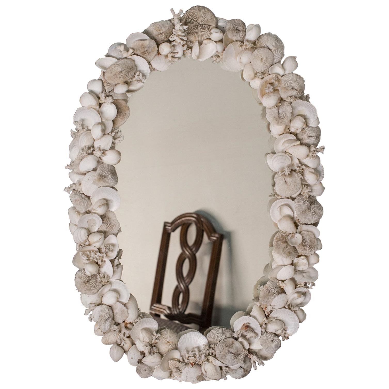 Vintage French Shell Encrusted Oval Mirror, circa 1950 at 1stDibs