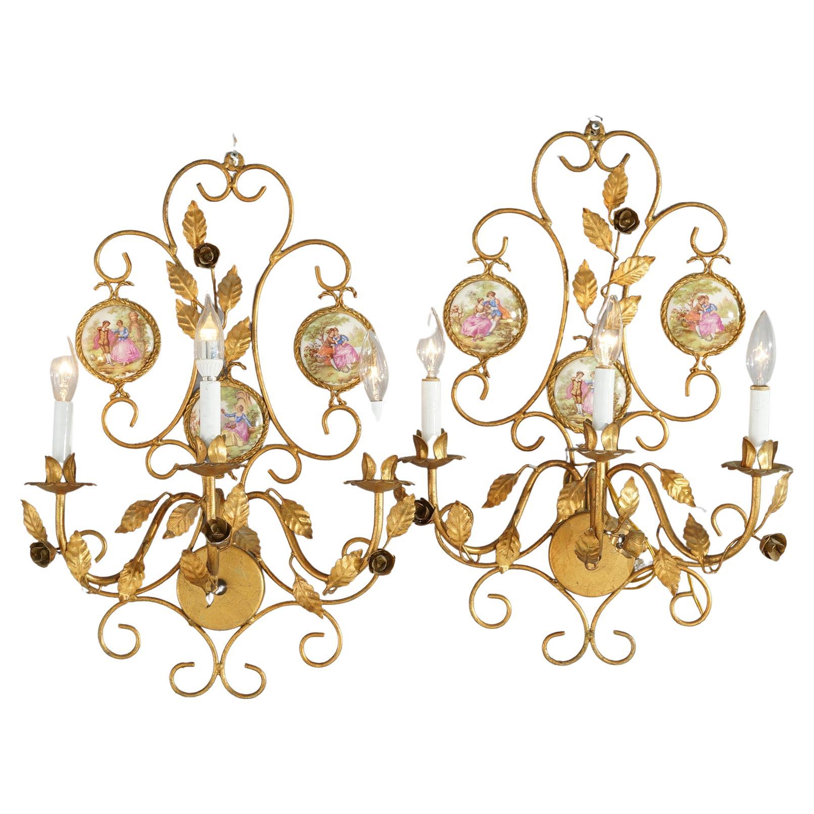 Vintage French Style Gilt Metal Wall Sconces with Porcelain Plaques ...