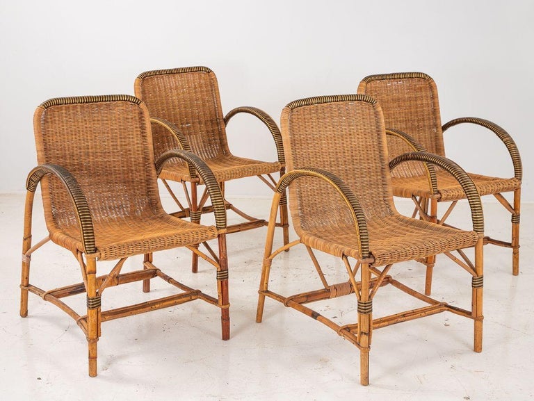 Vintage French Wicker Set of Four chairs and Table For Sale at 1stDibs