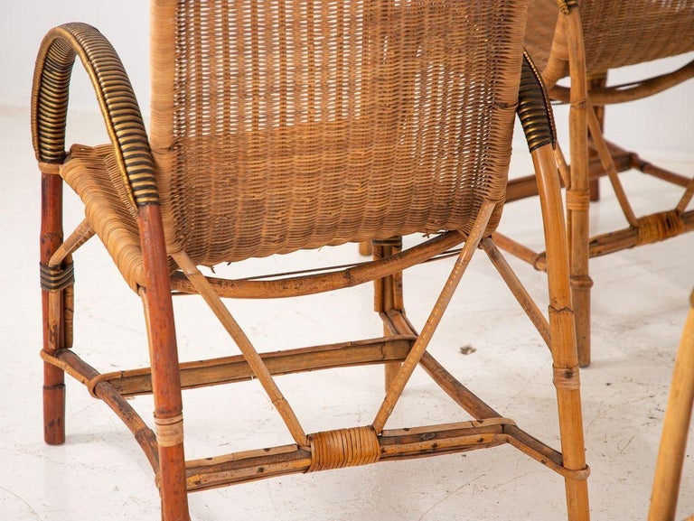 Vintage French Wicker Set of Four chairs and Table For Sale at 1stDibs