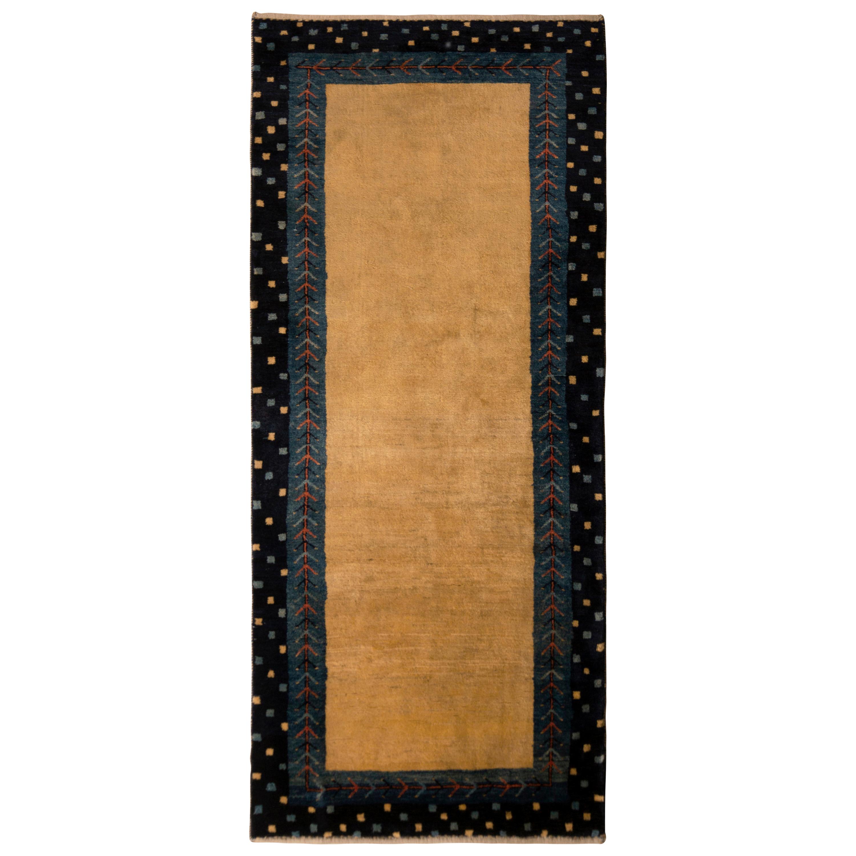 Vintage Gabbeh Runner Beige-Gold and Blue Open Field Persian Rug, 1985 ...