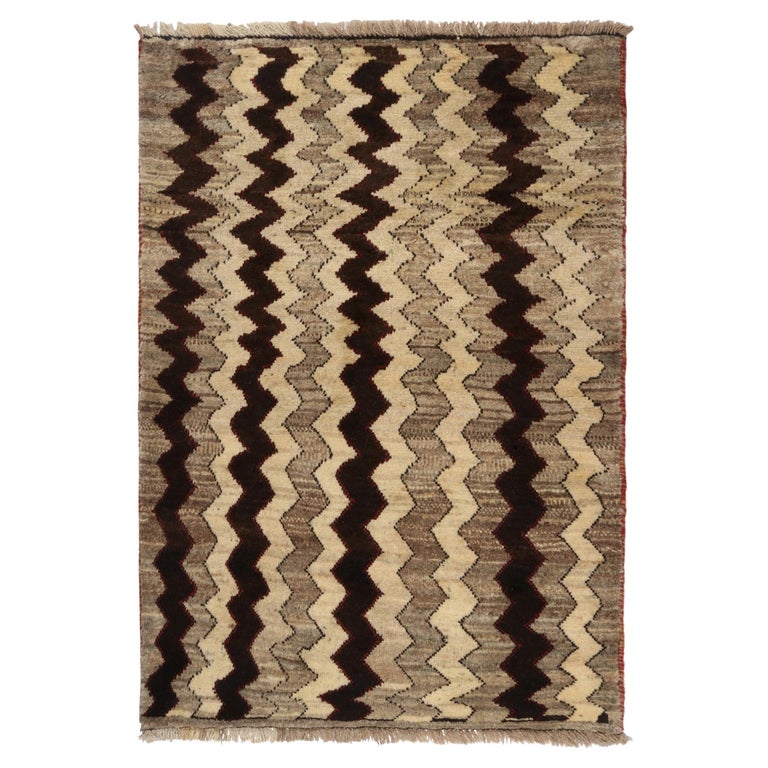 Vintage Gabbeh Tribal Rug in Beige-Brown and Black Chevron Patterns by ...