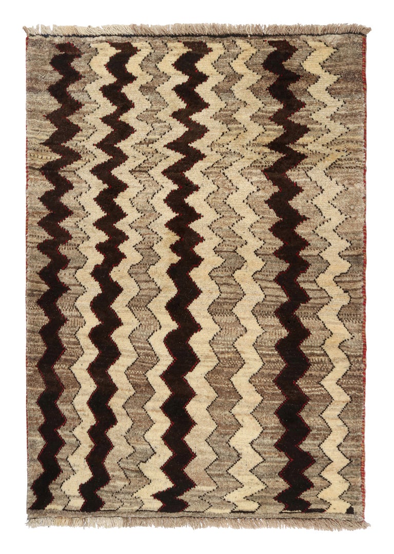 Vintage Gabbeh Tribal Rug in Beige-Brown and Black Chevron Patterns by ...