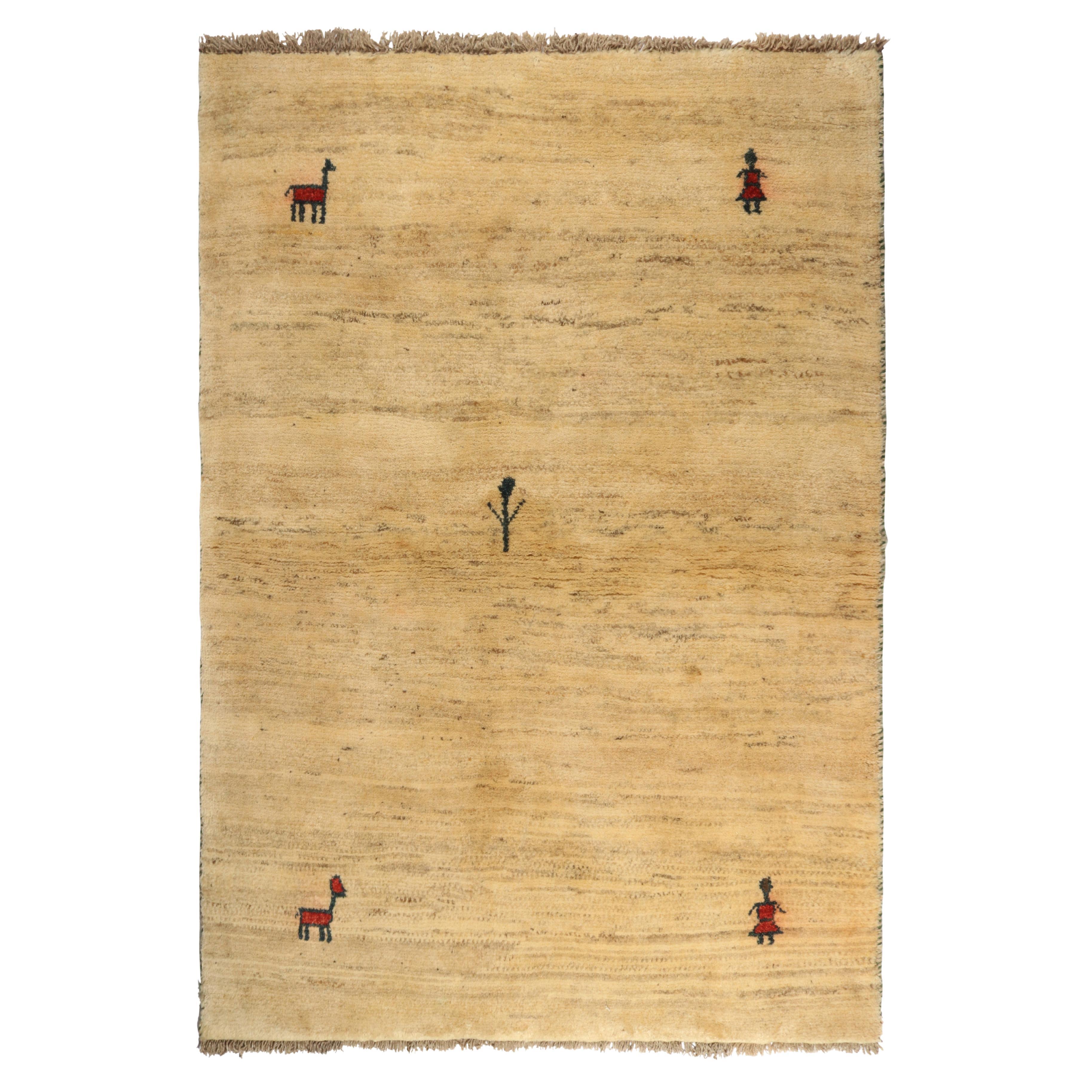 Vintage Gabbeh Tribal Rug in Beige-Brown Open Field and Red Border by ...