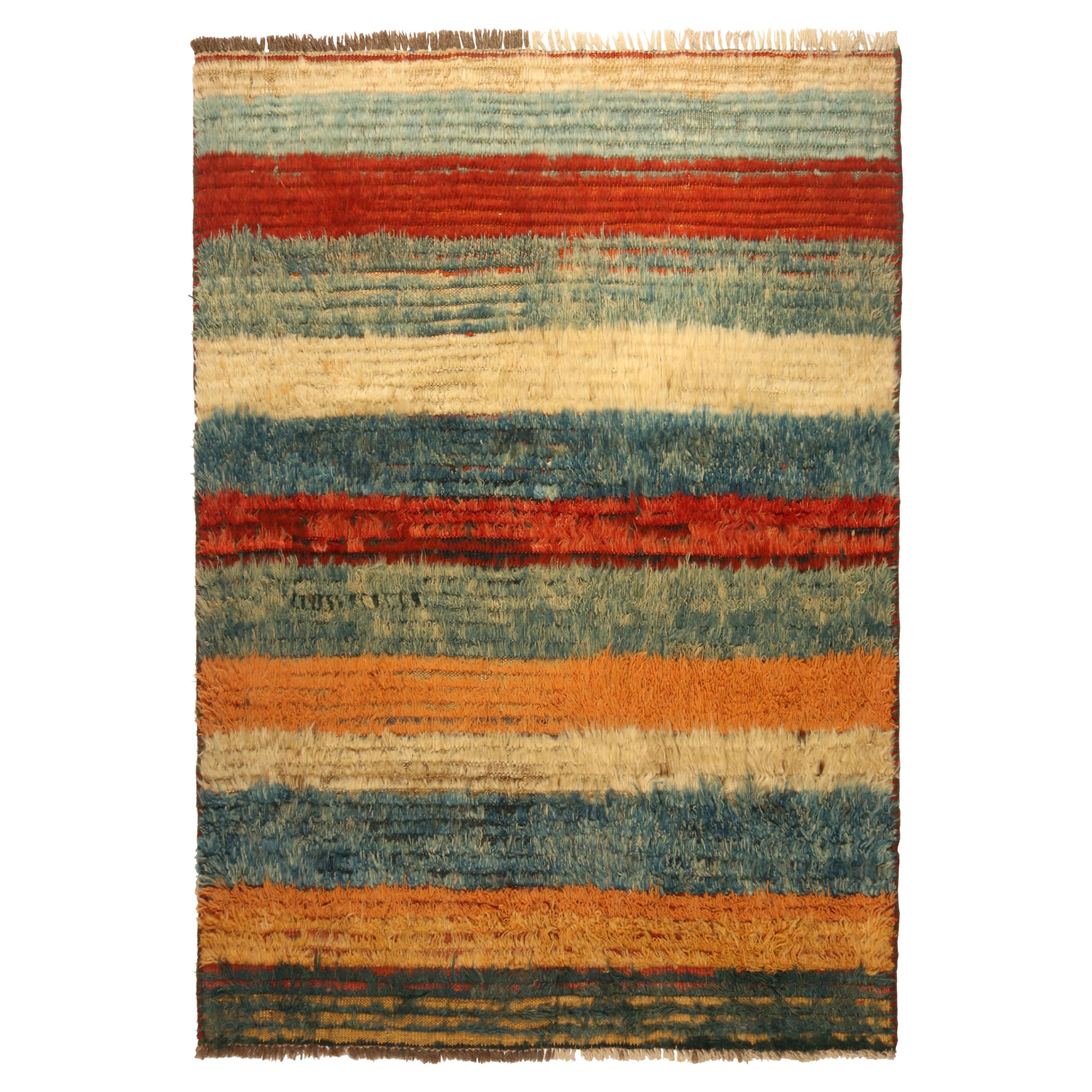 Vintage Gabbeh Tribal Rug in Beige- Red Stripes and Colorful Dots by ...