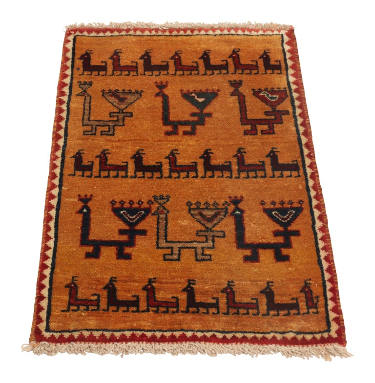 Vintage Gabbeh Tribal Rug in Golden-Orange and Beige-Brown Pattern by ...