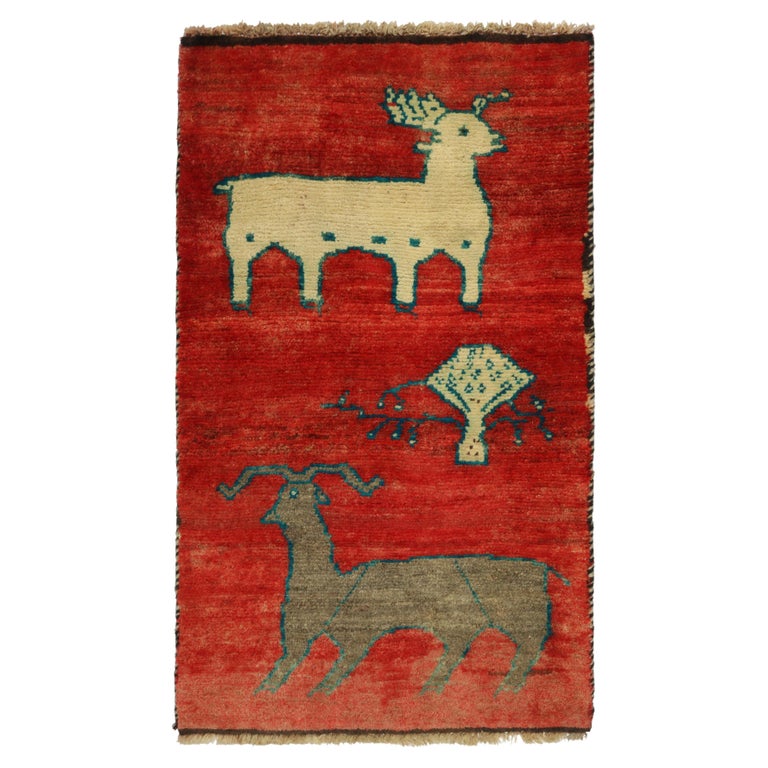 Vintage Gabbeh Tribal Rug in Red with Beige-Brown Animal Pictorials For ...