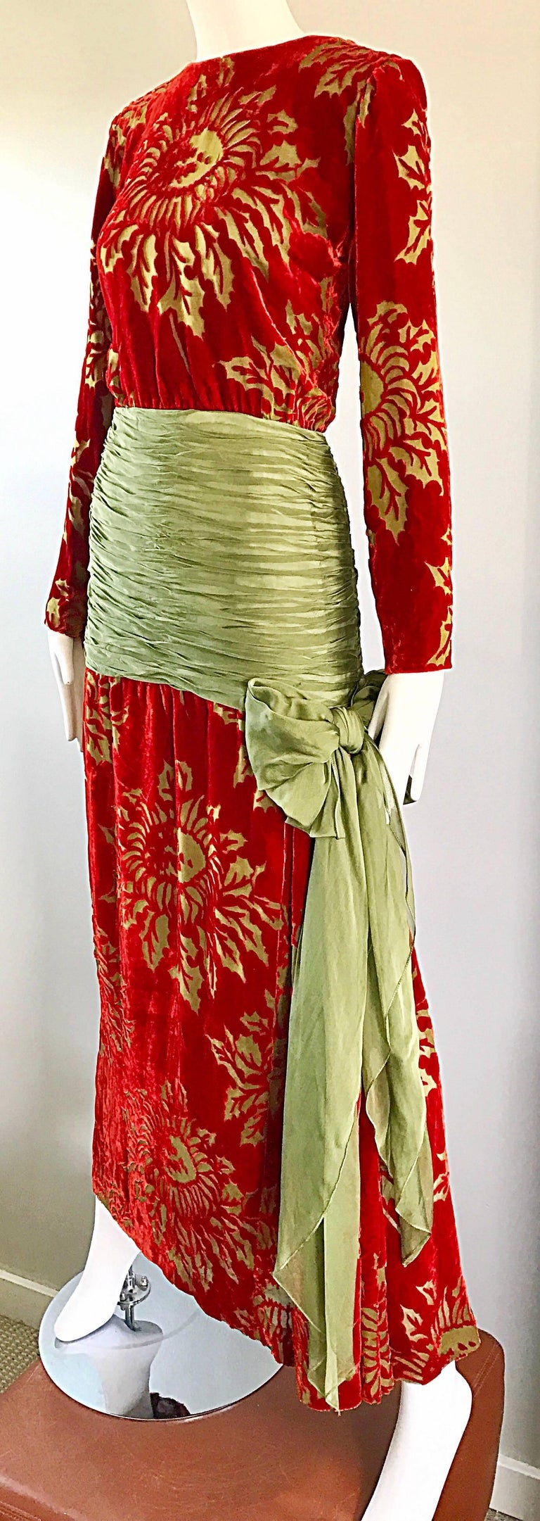 Vintage Galanos Deep Red + Chartreuse Green Burnt Out Silk Velvet 20s ...