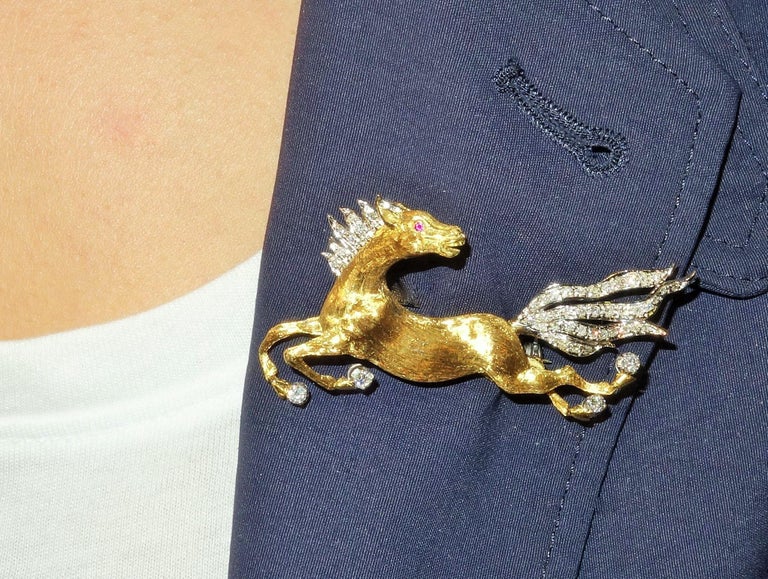 Vintage Galloping Equestrian Horse Diamond Gold Brooch Pin Estate Fine ...