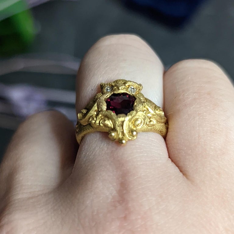 Vintage Garnet Diamond 18 Karat Gold Unisex Gargoyle Ring at 1stDibs