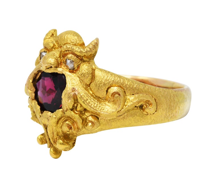 Vintage Garnet Diamond 18 Karat Gold Unisex Gargoyle Ring at 1stDibs