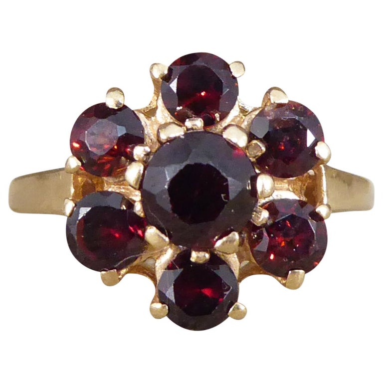 Vintage Garnet Flower Cluster Ring Set in 9 Carat Yellow Gold at 1stDibs