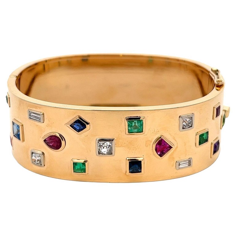 Vintage Gemstone Diamond 14 Karat Yellow Gold Hinged Bracelet For Sale ...