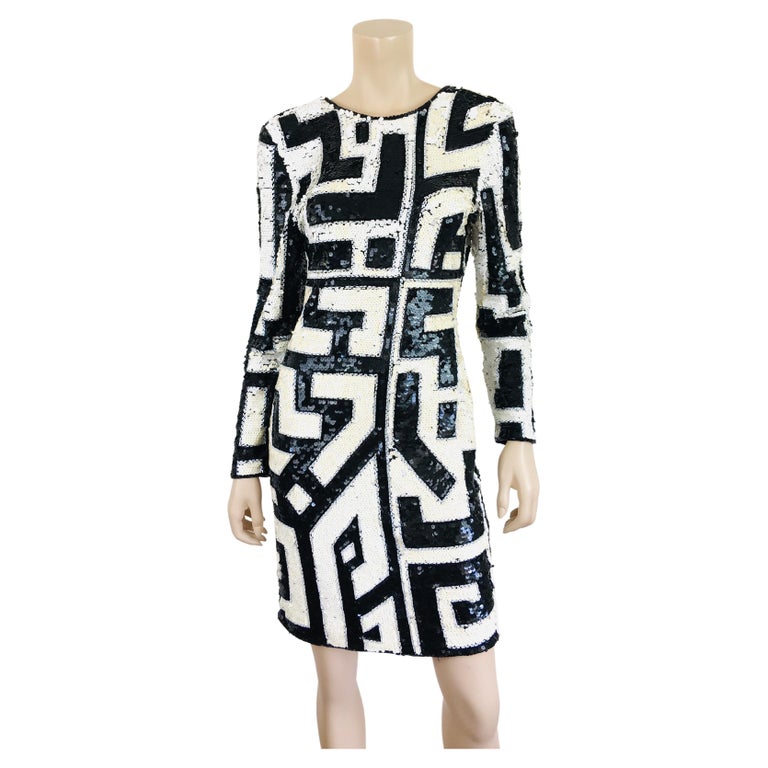 Vintage Geometric Pattern Black and White Sequin Heavily Beaded Dress ...