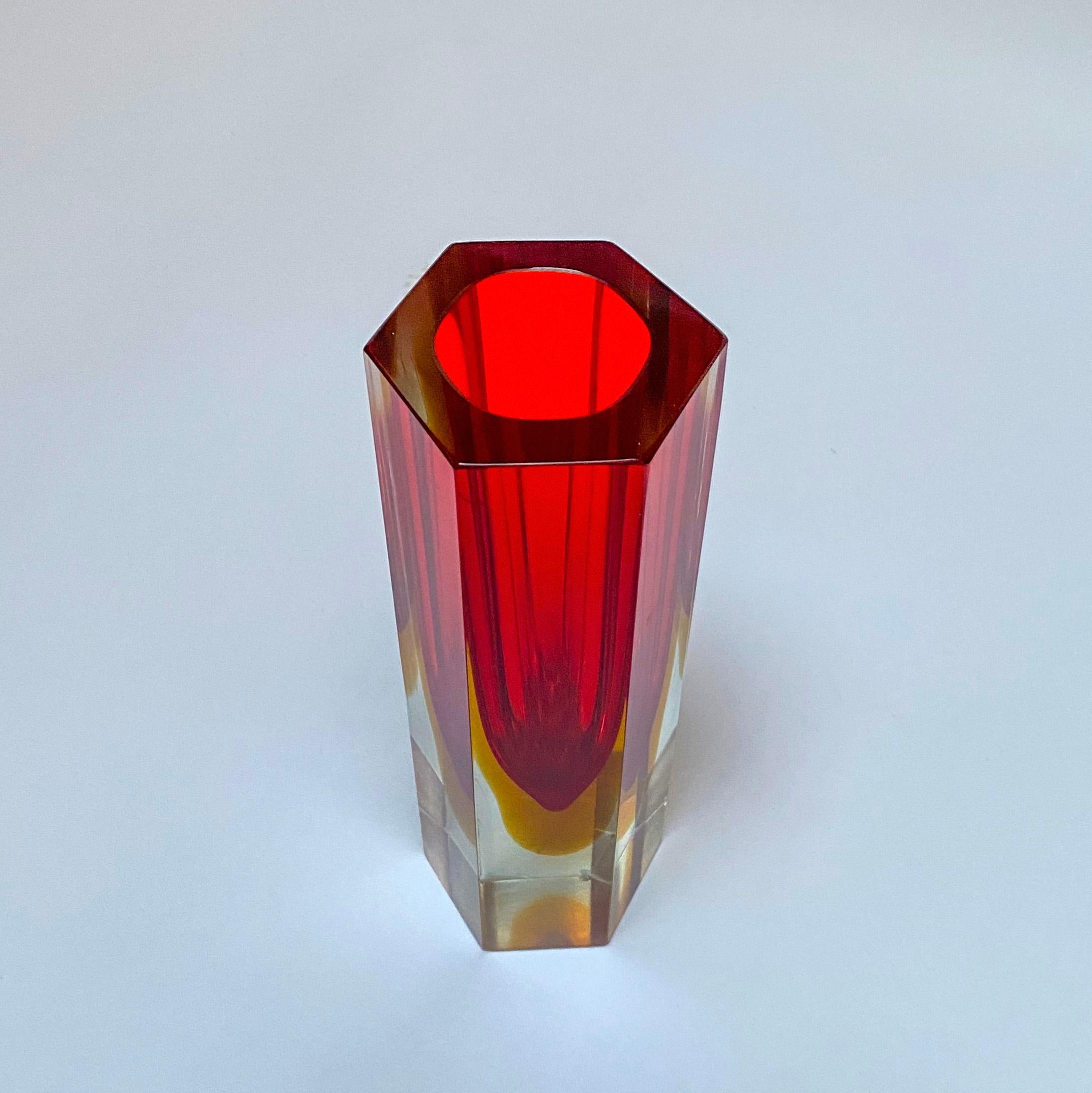 Vintage Geometric Vase in Massive Red "Sommerso" Murano Glass, Flavio ...