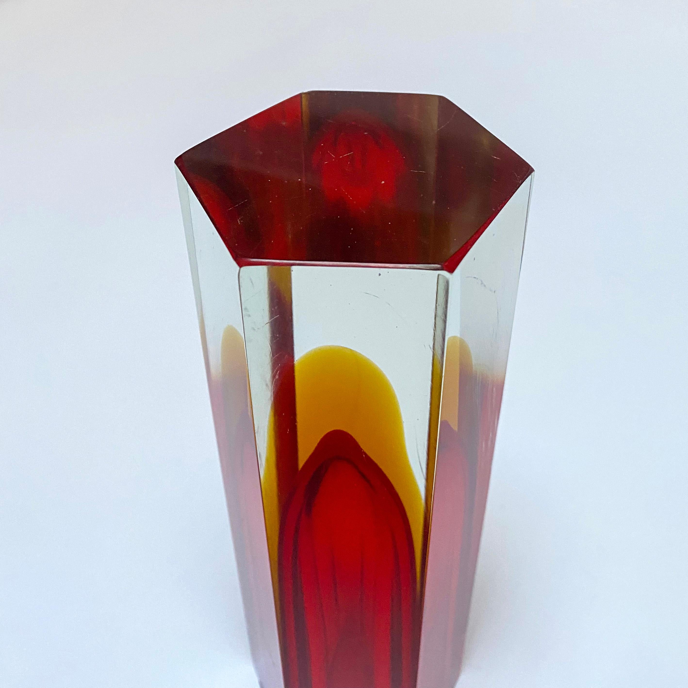 Vintage Geometric Vase in Massive Red "Sommerso" Murano Glass, Flavio ...