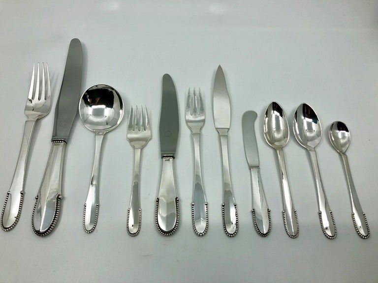Vintage Georg Jensen Beaded Silverware Service For Ten For Sale at 1stDibs