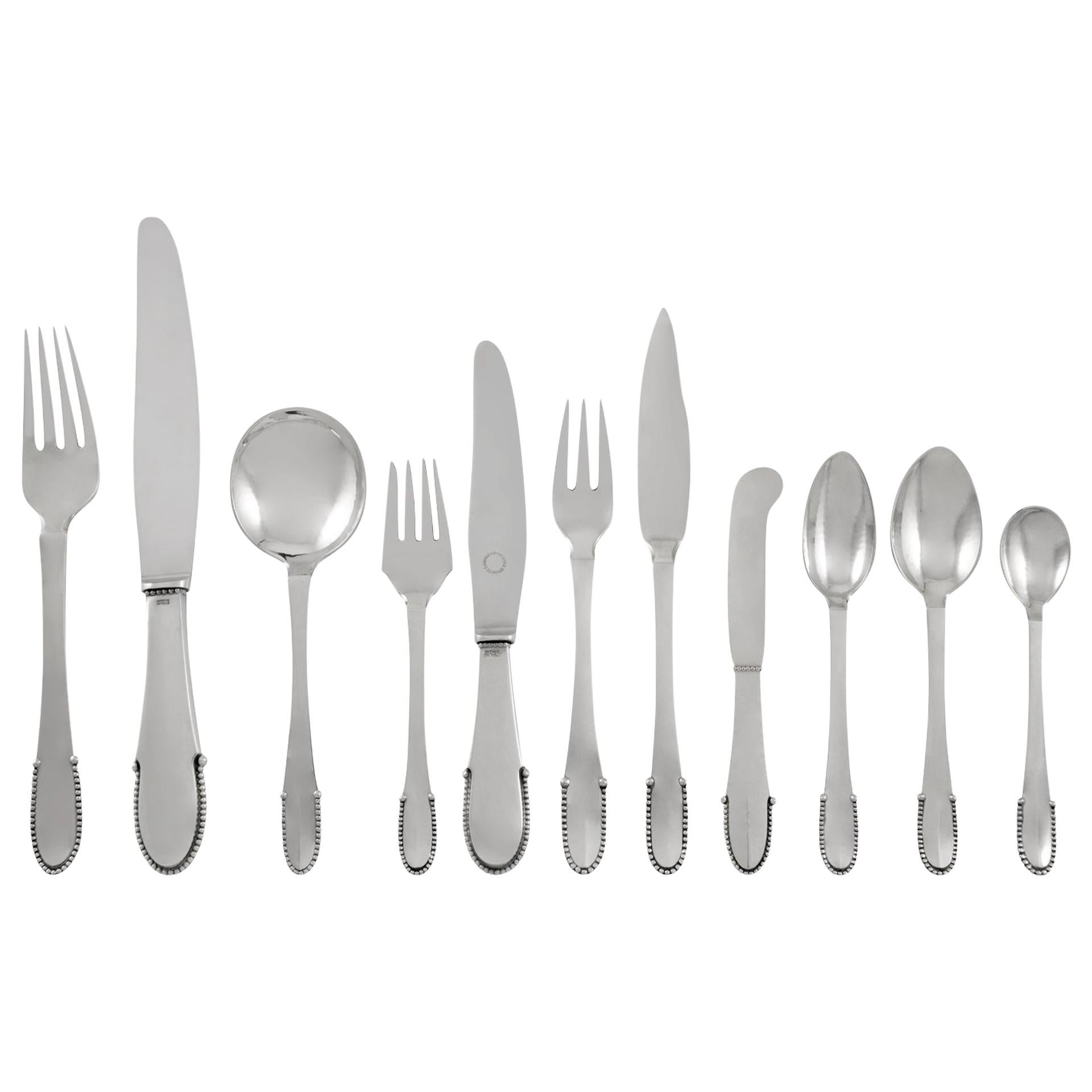 Vintage Georg Jensen Beaded Silverware Service For Ten For Sale at 1stDibs
