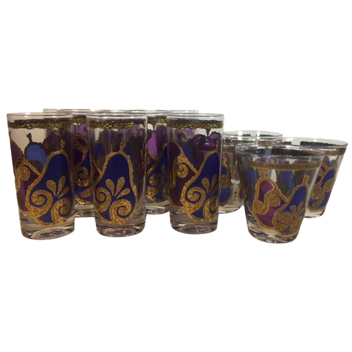 Vintage Georges Briard Barware, Blue 'Pageant' Pattern with 22-Karat ...