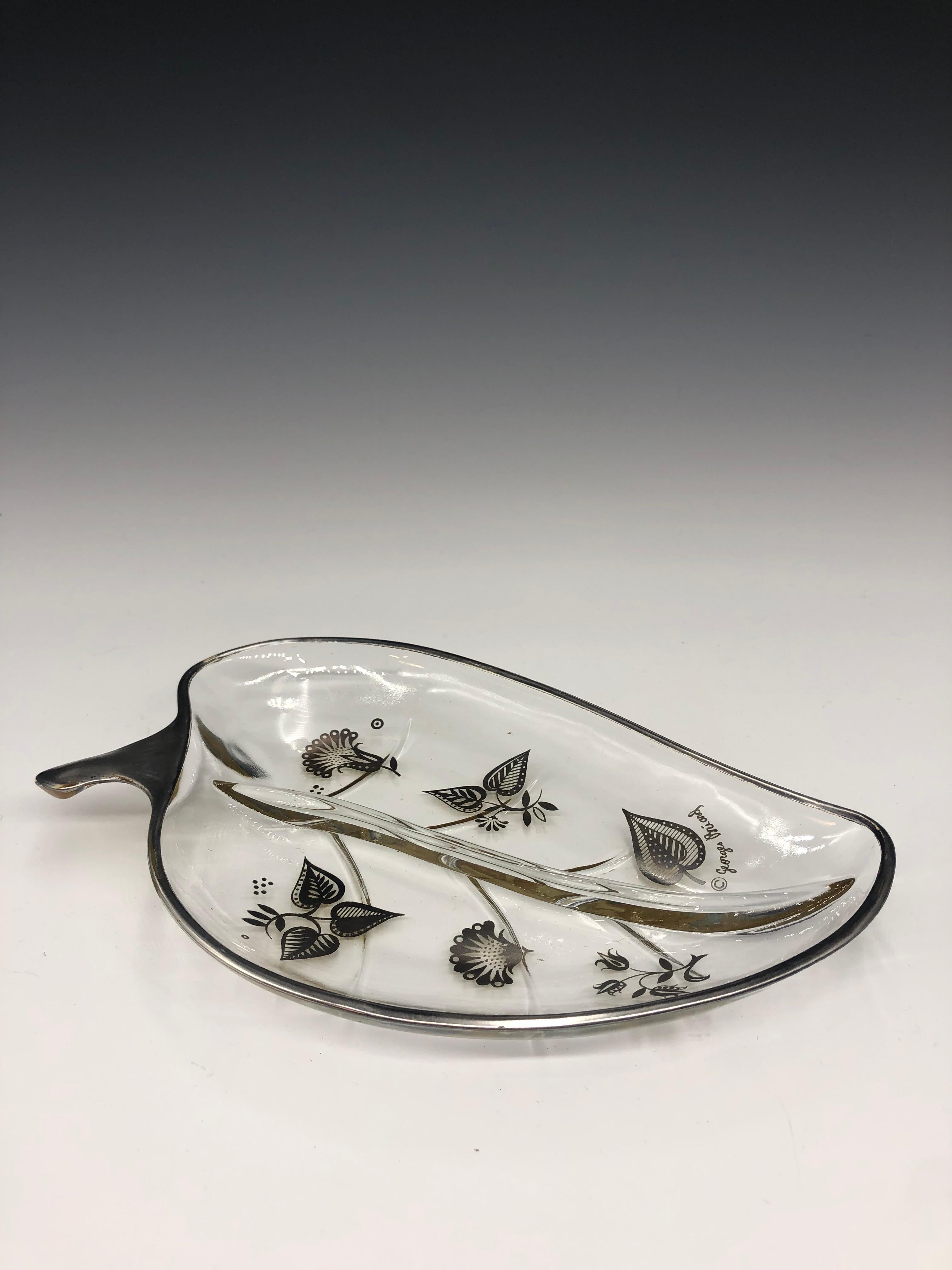Vintage Georges Briard Clear Leaf Tray Dish With Silver Floral Detail ...