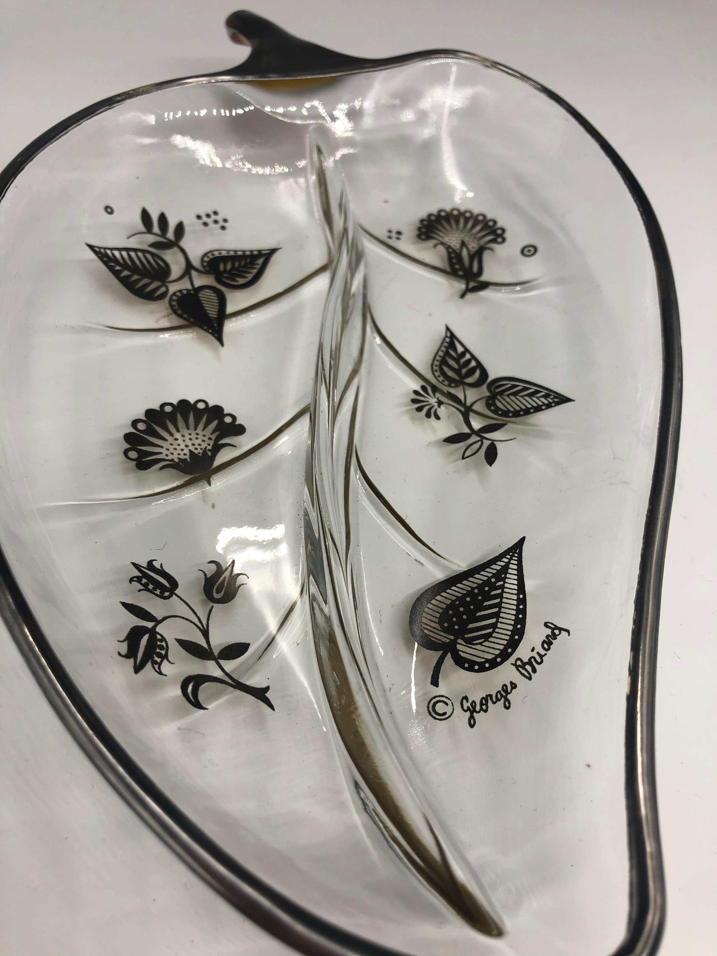 Vintage Georges Briard Clear Leaf Tray Dish With Silver Floral Detail ...