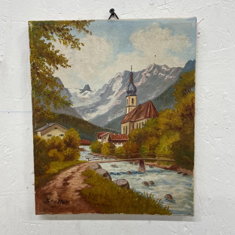 1950s Vintage German Painting Small Oil on Canvas Scenic Landscape by ...