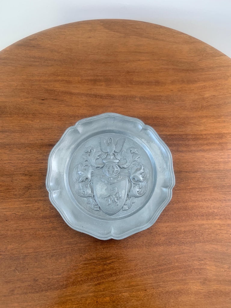 Vintage German Pewter Wall Plate with Crest For Sale at 1stDibs