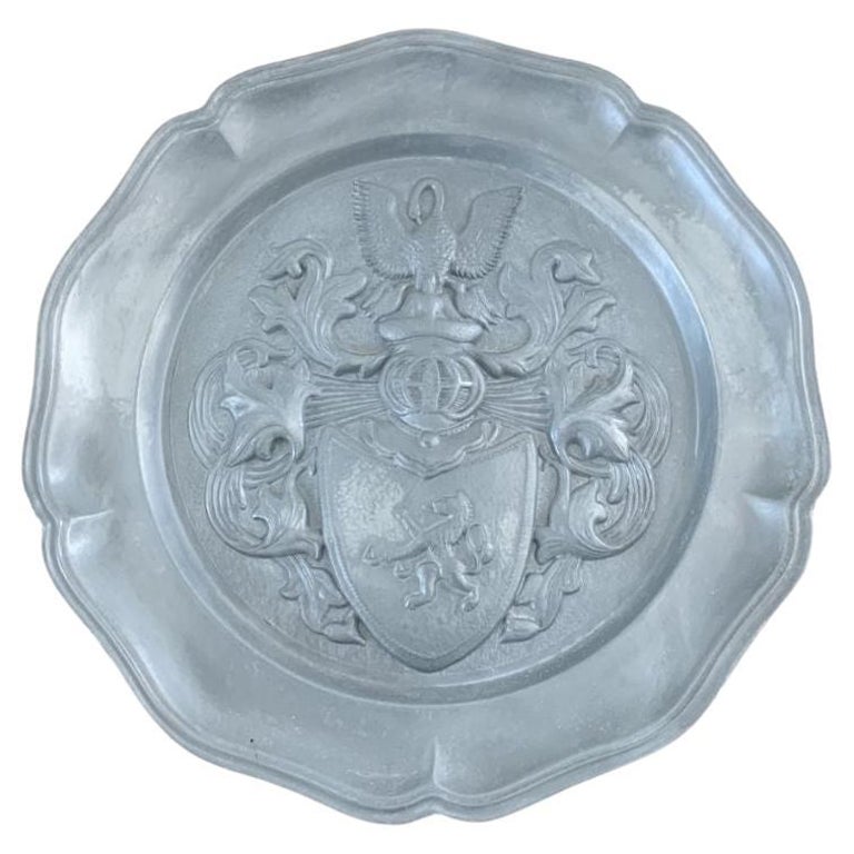 Vintage German Pewter Wall Plate with Crest For Sale at 1stDibs