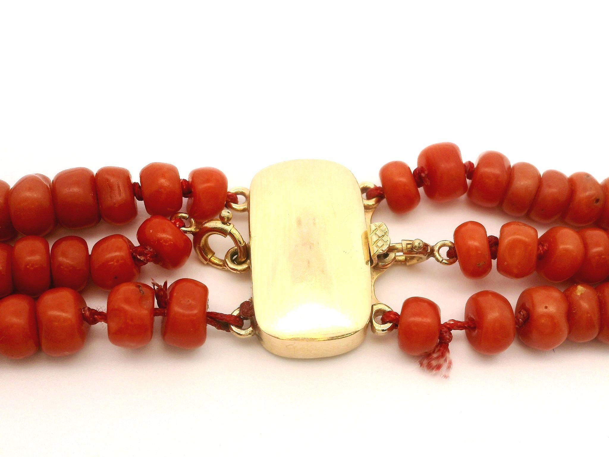 Vintage GIA 3 Strand Rondelle Beads Coral Necklace w/ 14k Yellow Gold ...