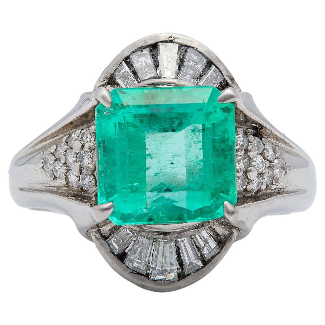 Vintage GIA Colombian Emerald and Diamond Platinum Cocktail Ring For ...